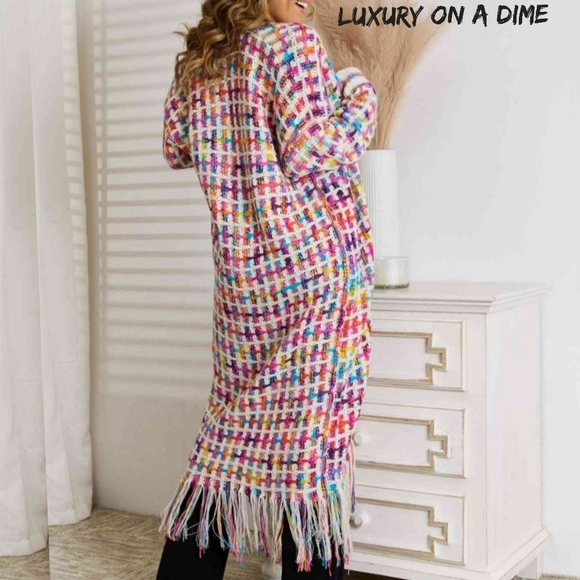 Sweaters | Retro Knit Bright Colorful Fringe Hem Longline Duster ...